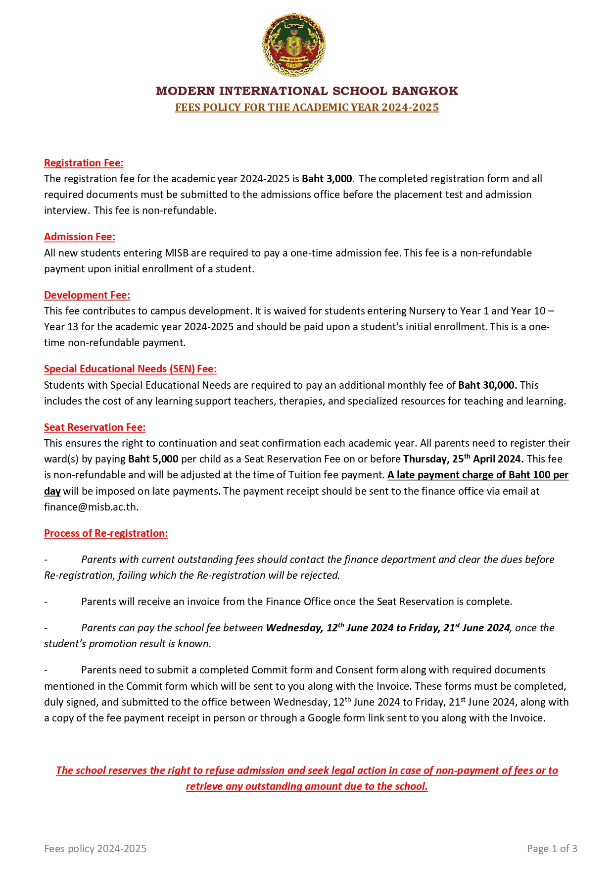 Modern International School Bangkok - Fee Policy