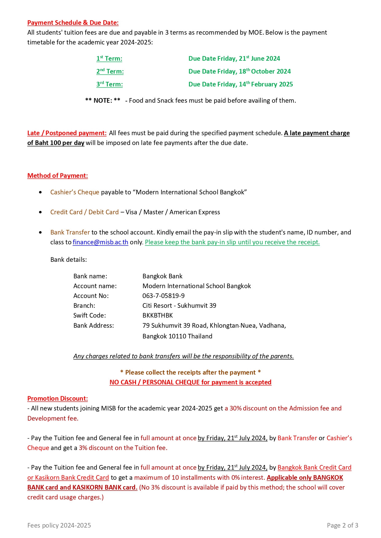 Modern International School Bangkok - Fee Policy